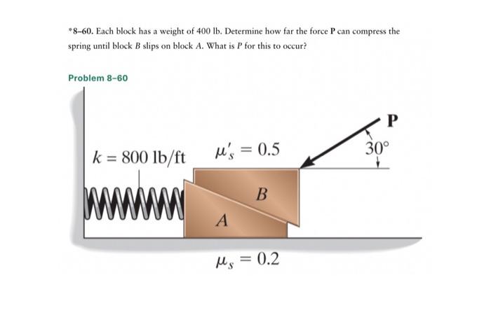 Solved "8-60. Each block has a weight of 400lb. Determine | Chegg.com