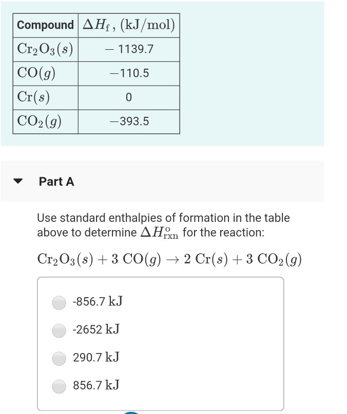Solved Compound AHf, (kJ/mol) Cr2O3(s) - 1139.7 CO(g) -110.5 | Chegg.com