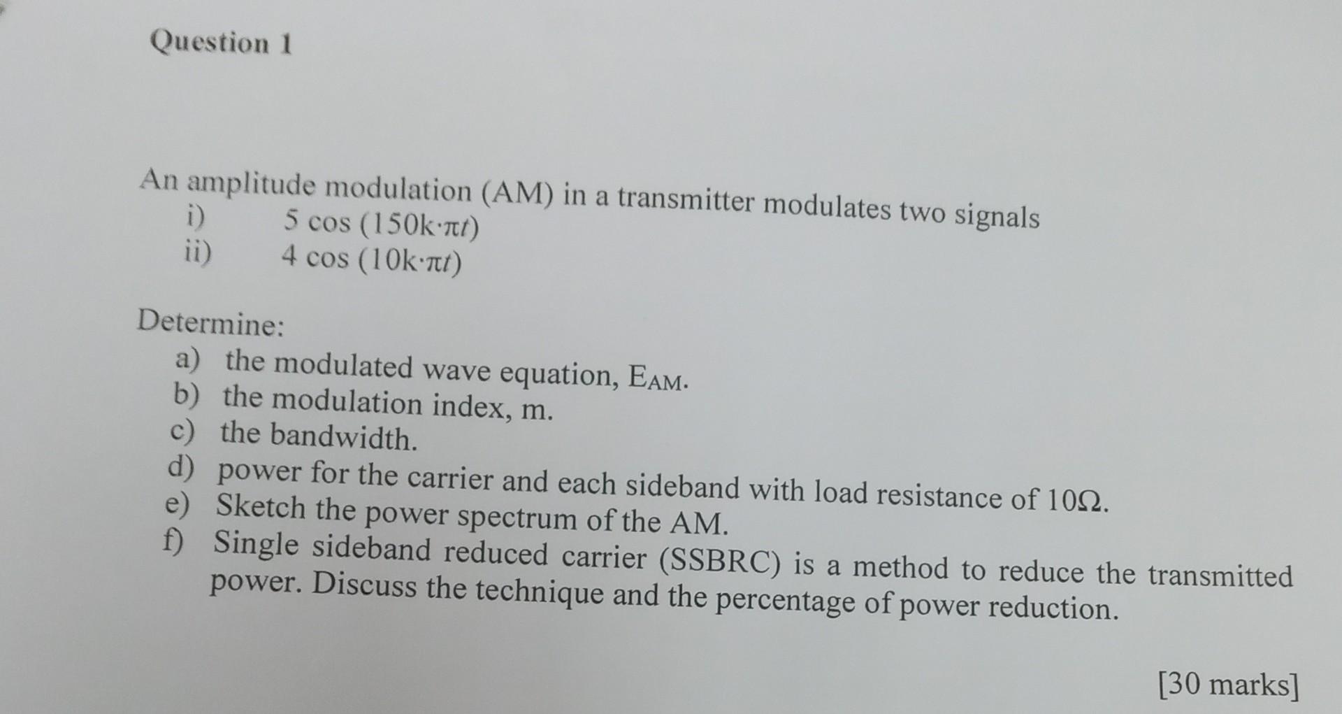 Solved An amplitude modulation (AM) in a transmitter | Chegg.com