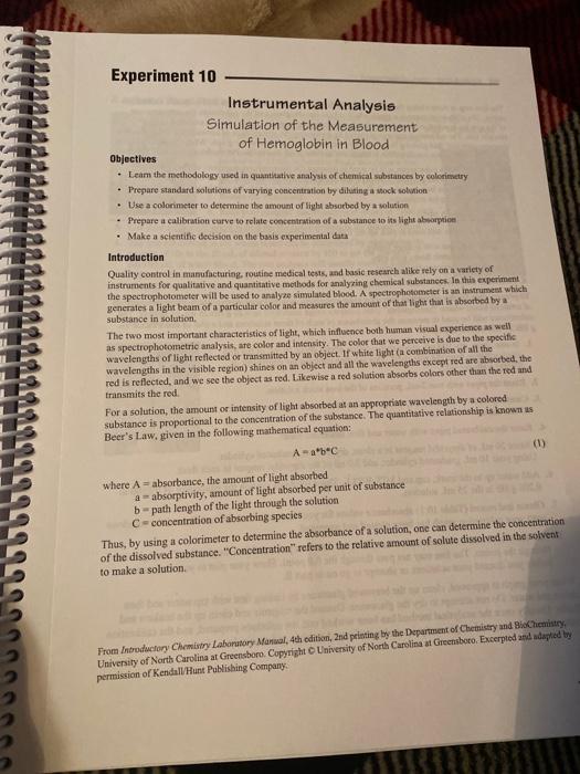 Solved Experiment 10-Instrumental Analysis Experimental Data | Chegg.com