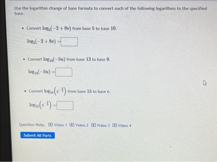 Solved Use the logarithm change of base formula to convert | Chegg.com