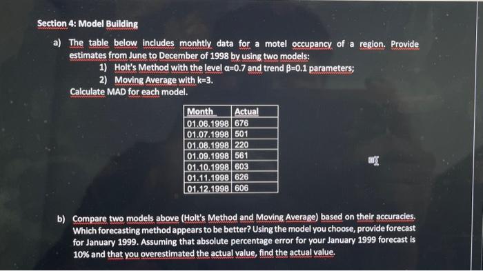 Solved Section 4: Model Building a) The table below includes | Chegg.com
