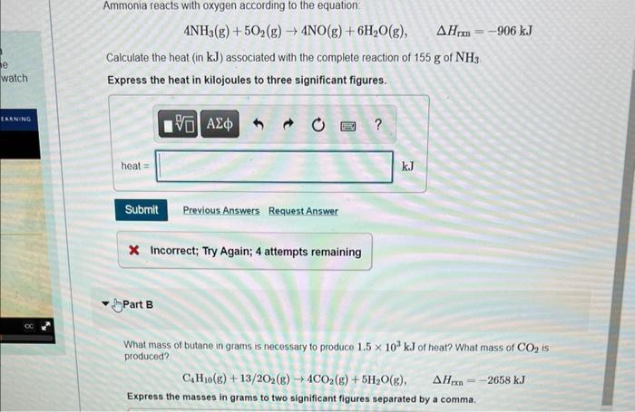 Solved 4NH3( g)+5O2( g)→4NO(g)+6H2O(g),ΔHrm=−906 kJ | Chegg.com