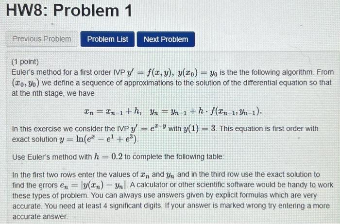 Solved (1 point) Euler's method for a first order IVP | Chegg.com