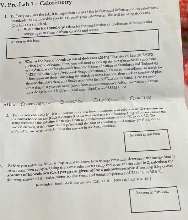 Solved V. Pre-Lab 7 - Calorimetry 1. Before you enter the | Chegg.com
