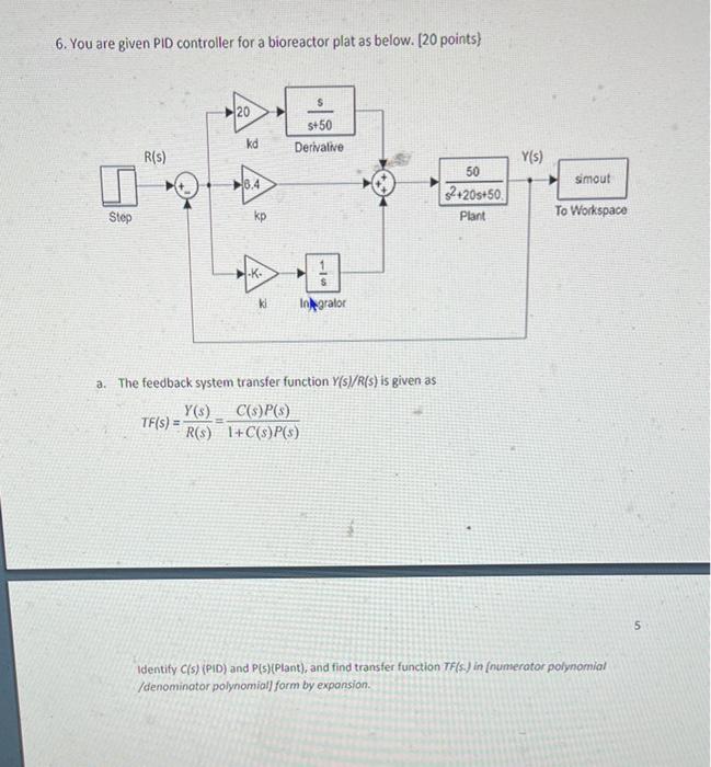 Solved 6. You are given PID controller for a bioreactor plat | Chegg.com