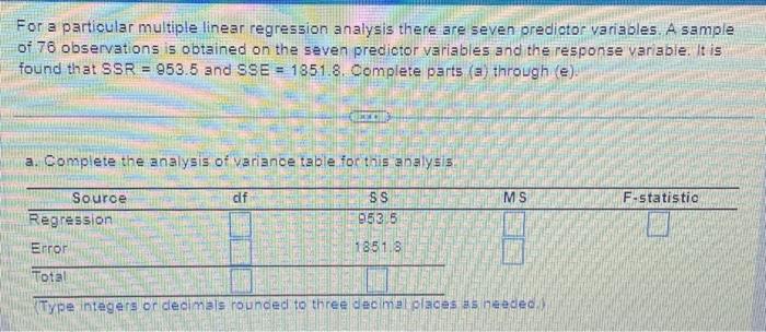 Solved For a particular multiple linear regression analysis | Chegg.com