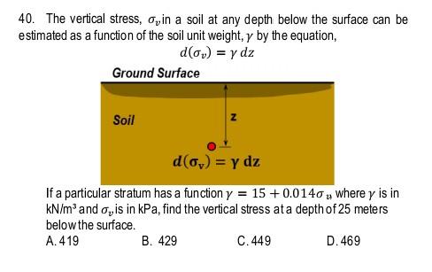 Solved 40. The vertical stress, o, in a soil at any depth | Chegg.com