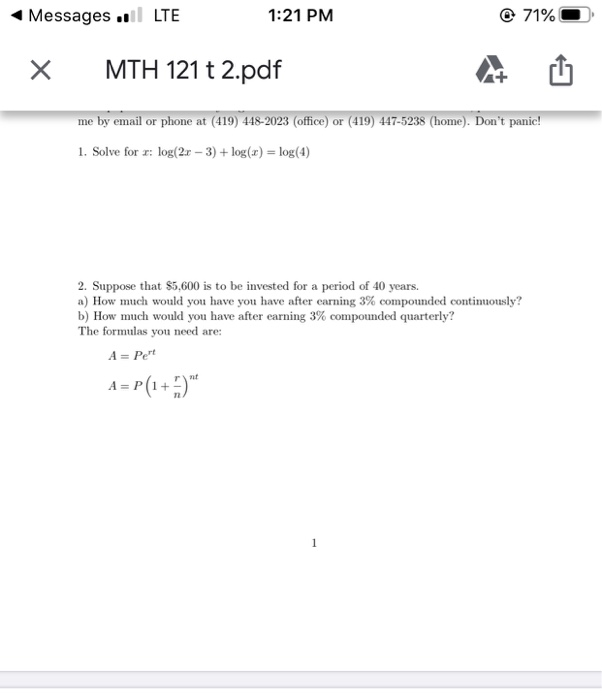 Solved Messages .1 LTE 1:21 PM @ 71% 0 X MTH 121 t 2.pdf me | Chegg.com