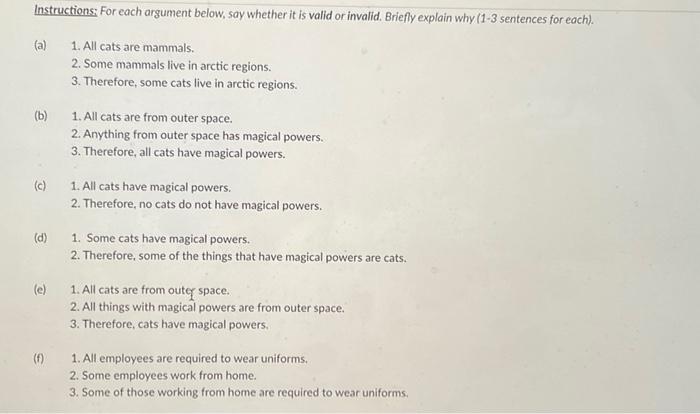 Instructions: For each argument below, say whether it | Chegg.com