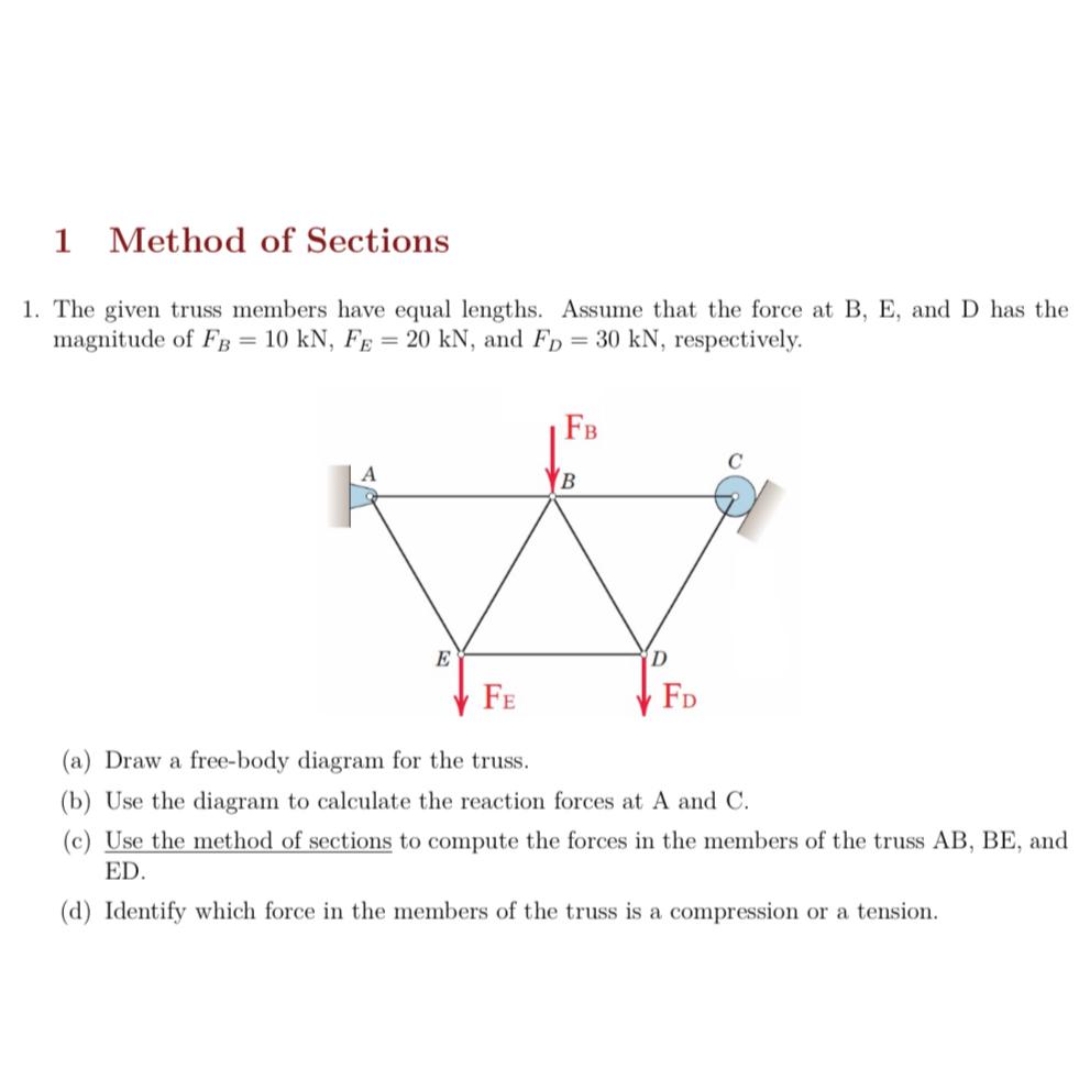 Solved 1 ﻿Method of SectionsThe given truss members have | Chegg.com