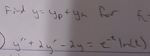 Solved Find y=yp+yh ﻿fory''+2y'-2y=e-tln(t) | Chegg.com