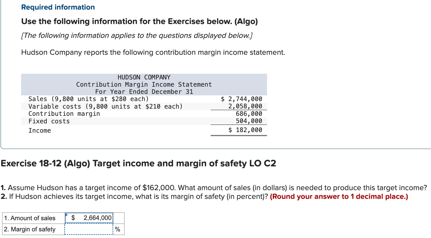 Solved Exercise 18-12 (Algo) ﻿Target income and margin of | Chegg.com