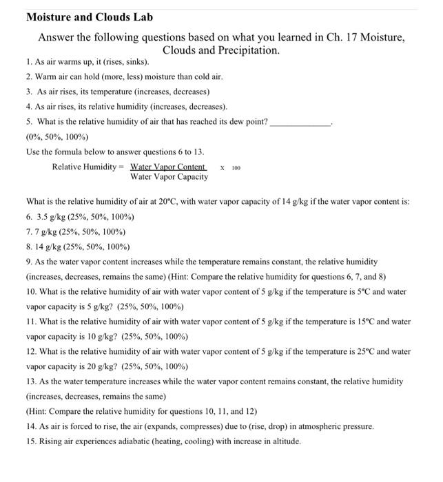 Moisture and Clouds Lab Answer the following | Chegg.com