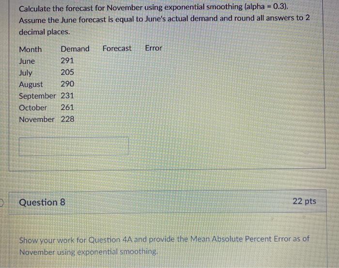 Solved Calculate the forecast for November using exponential | Chegg.com