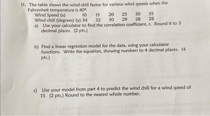 Solved 11. The table shows the wind-chill factor for various | Chegg.com