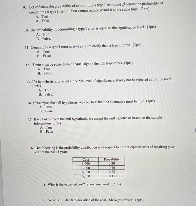 Solved 9. Let a denote the probability of committing a type | Chegg.com