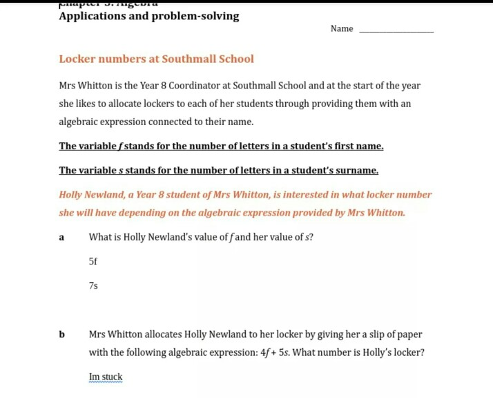 Solved Applications and problem-solving Name Locker numbers | Chegg.com