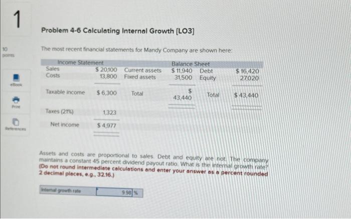 Solved Problem 4-6 Calculating Internal Growth [LO3] The | Chegg.com