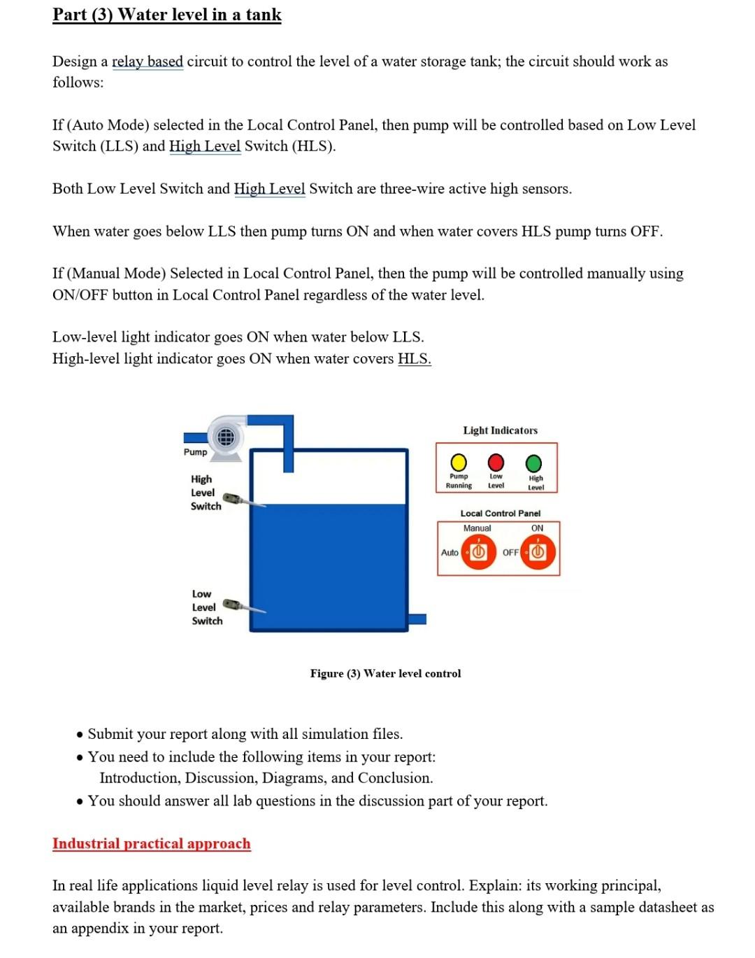 Solved Part (3) Water level in a tank Design a relay based | Chegg.com