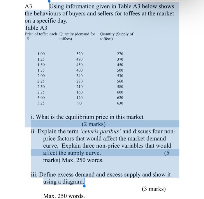 Solved A3. Using information given in Table A3 below shows | Chegg.com