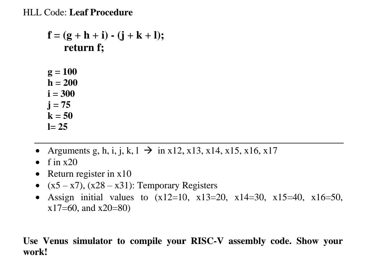 Solved HLL Code: Leaf Procedure f=(g+h+i)−(j+k+l); return | Chegg.com