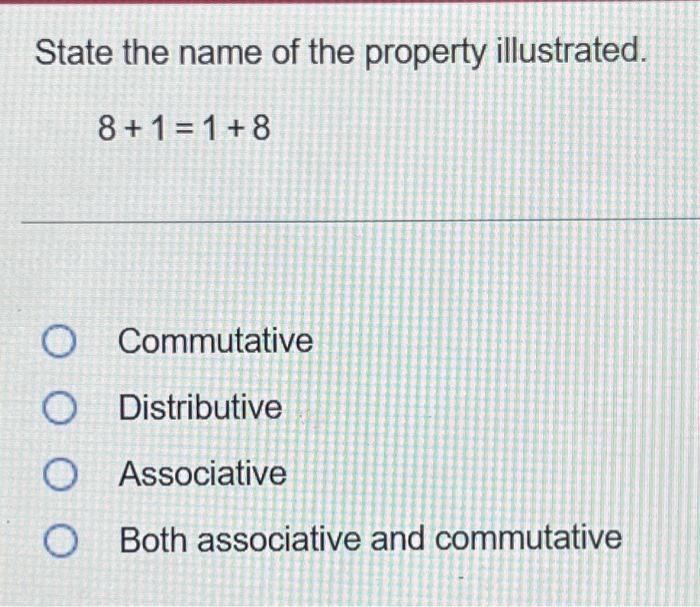 Solved State the name of the property illustrated. 8+1=1+8 | Chegg.com
