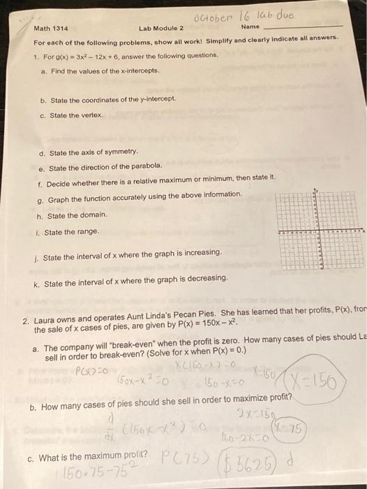 Solved October 16 lab due Math 1314 Lab Module 2 Name For | Chegg.com