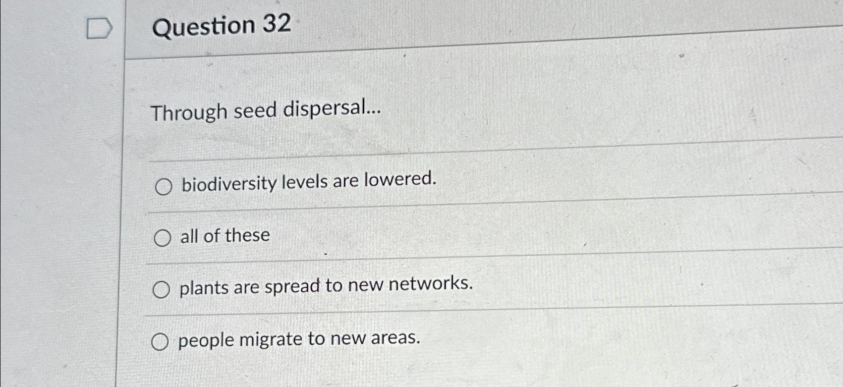Solved Question 32Through seed dispersal...biodiversity | Chegg.com