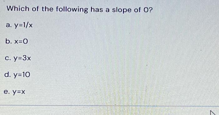 Solved Which of the following has a slope of O? a.y=1/x b. | Chegg.com