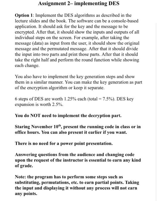 Solved Assignment 2-implementing DES Option 1: Implement the | Chegg.com