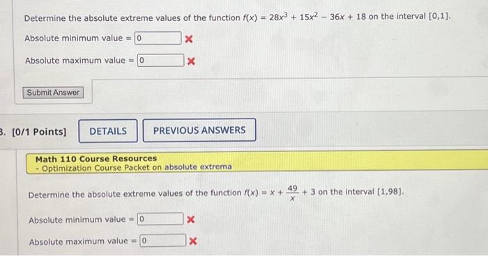 Solved Determine the absolute extreme values of the function | Chegg.com
