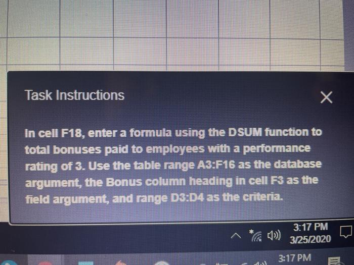 Solved Task Instructions Х In cell F18, enter a formula | Chegg.com