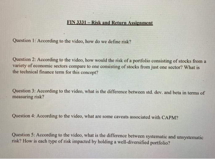 FIN 3331 – Risk and Return Assignment Question 1: | Chegg.com