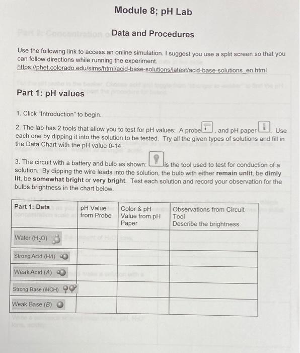 Module 8; pH Lab Data and Procedures Use the | Chegg.com