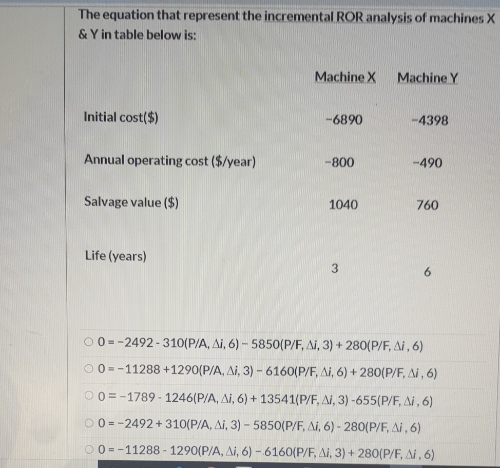 Solved The equation that represent the incremental ROR | Chegg.com