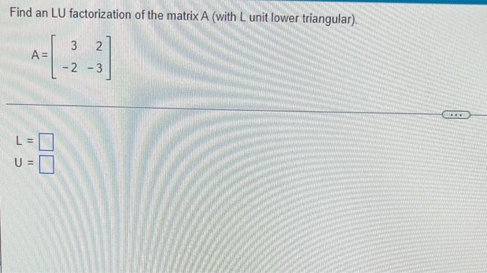 Solved Find an LU factorization of the matrix A (with L unit | Chegg.com