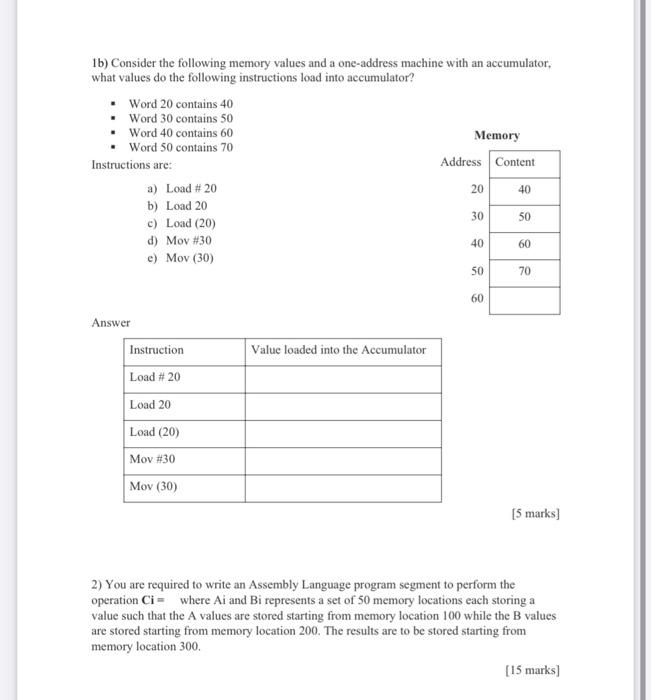 Solved 1b) Consider the following memory values and a | Chegg.com