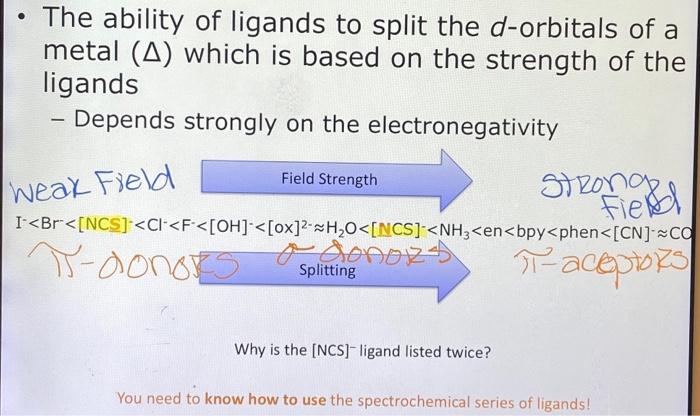 Solved - The ability of ligands to split the d-orbitals of a | Chegg.com