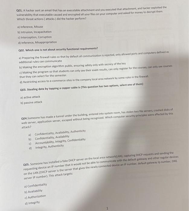 Solved Q01. A hacker sent an email that has an executable | Chegg.com