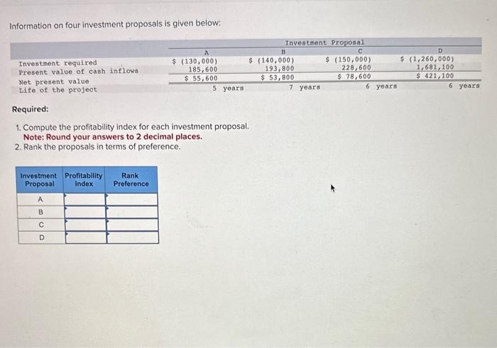 Solved compute the profitability index for each investment | Chegg.com