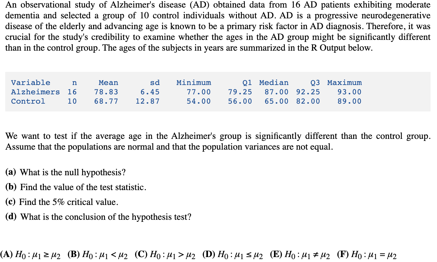 Solved An observational study of Alzheimer's disease (AD) | Chegg.com