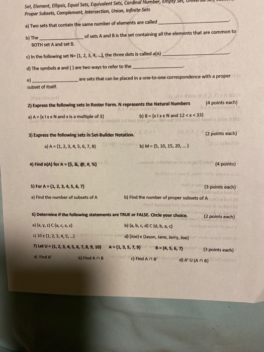 Solved Set Element Ellipsis, Equal Sets, Equivalent Sets, | Chegg.com