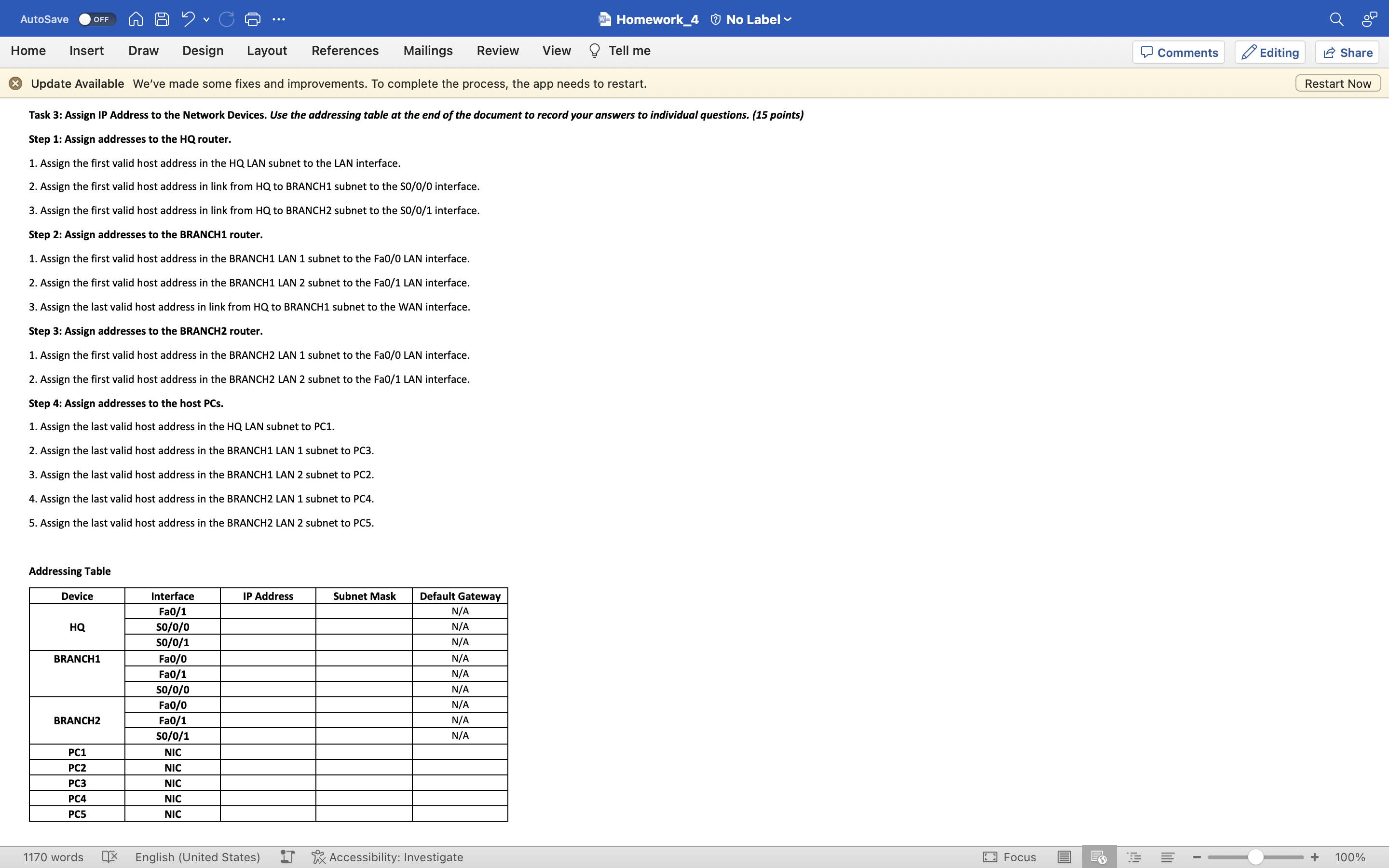 Solved Task 3: Assign IP Address to the Network Devices. Use | Chegg.com
