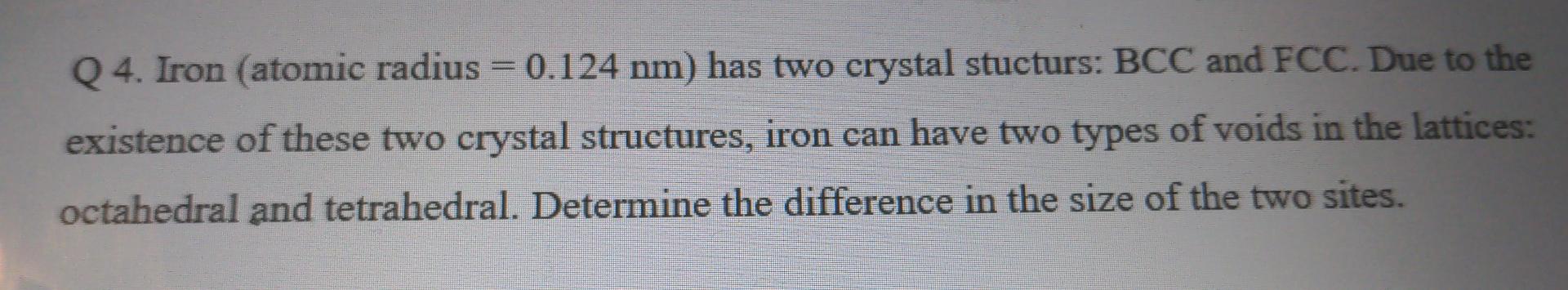 Solved Q4. Iron (atomic radius = 0.124 nm) has two crystal | Chegg.com