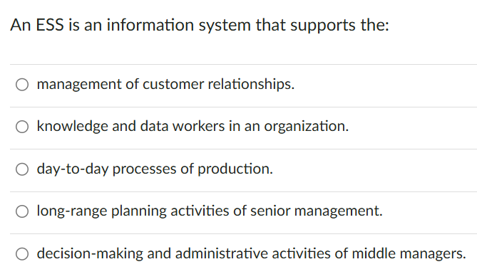 Solved An ESS is an information system that supports | Chegg.com