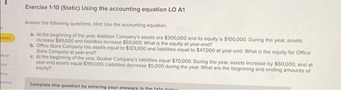 Solved Exercise 1−10 (Static) Using the accounting equation | Chegg.com