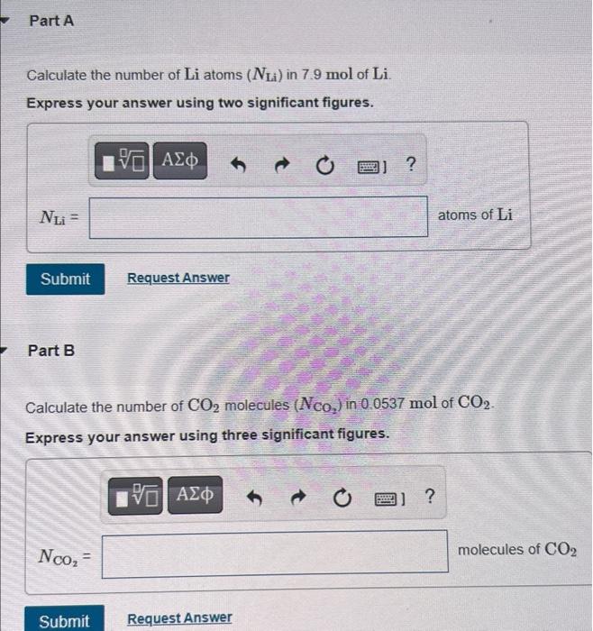 Solved Part A Calculate the number of Li atoms (NLi) in 7.9 | Chegg.com