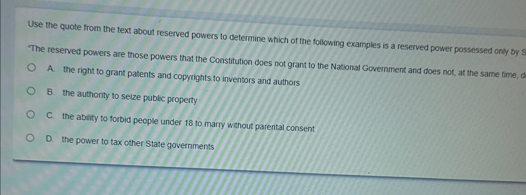 Solved Use the quote from the text about reserved powers to | Chegg.com
