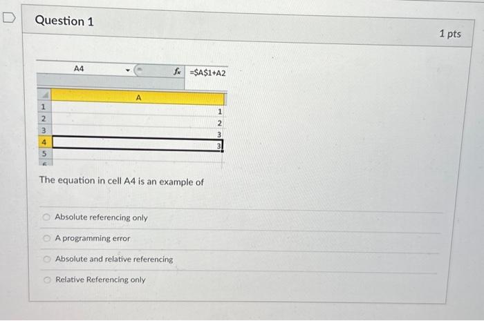 Solved Question 1 The equation in cell A4 is an example of | Chegg.com